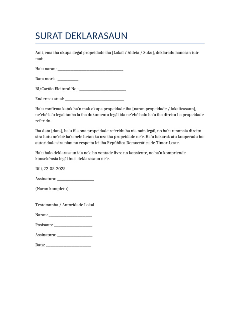 Surat Deklarasaun Okupa Ilegal | PDF