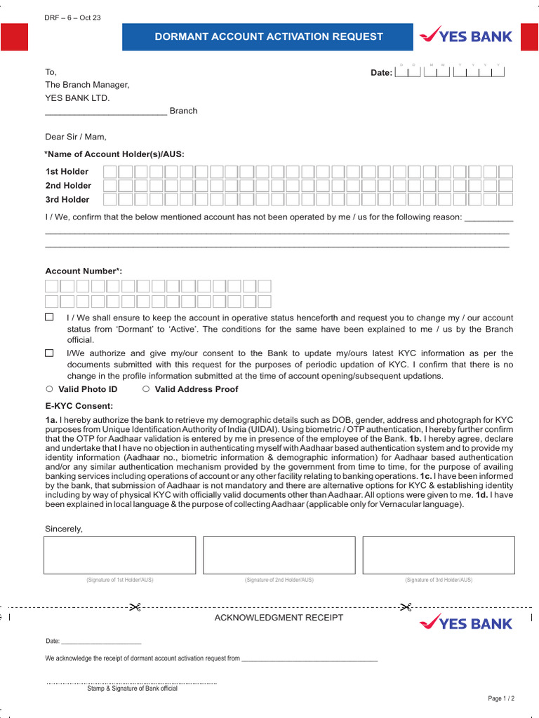 YES Bank Dormant Account Activation Form | PDF | Computer Access ...