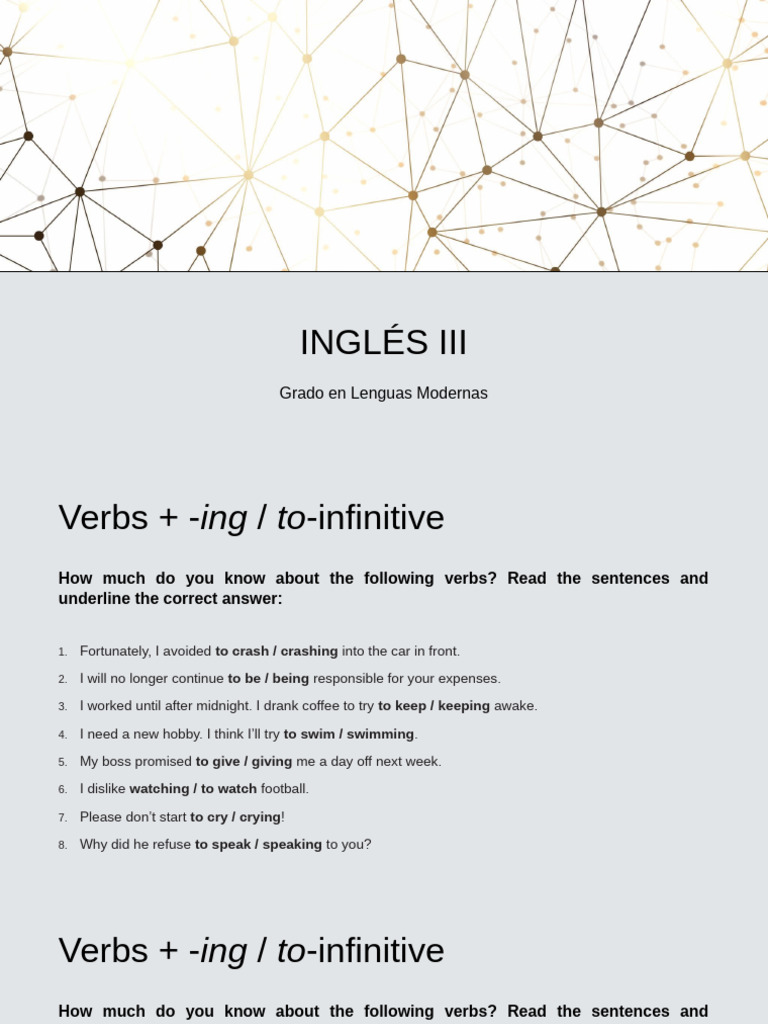 Inglés III - Verbs Followed by - Ing or To-Infinitive | PDF | Verb ...