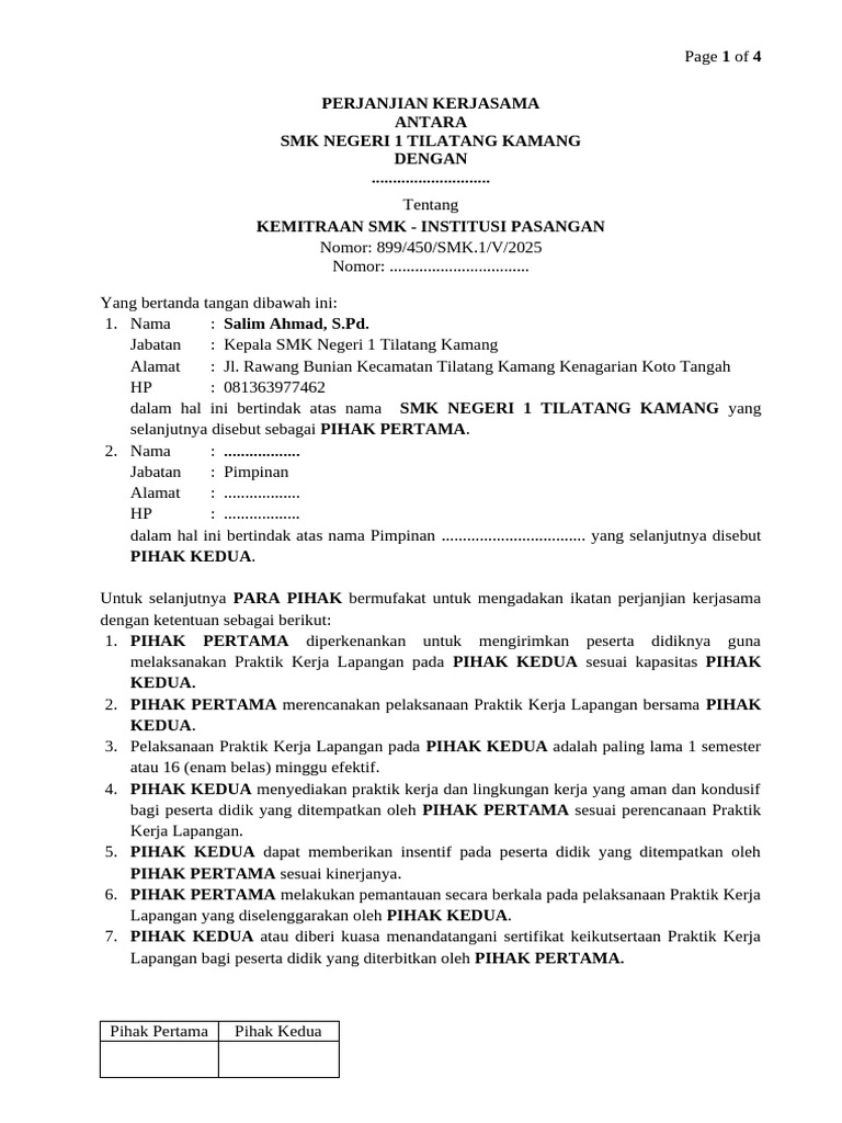 Draft MoU PKL 2025 SMKN 1 Tilkam Laporan Prakerin SMKN 1 Tilatang ...