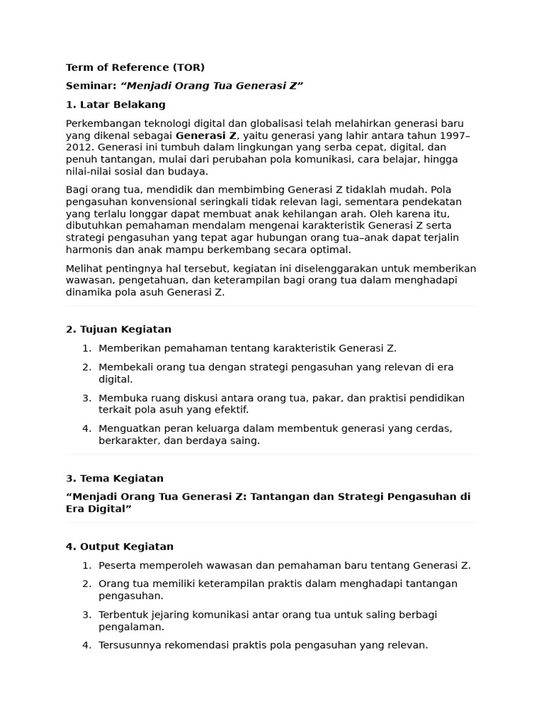 Term of Reference Menjadi Orang Tua Generasi Z | PDF