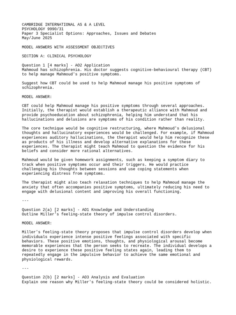 CIE Psychology 9990 31 Model Answers | PDF | Obsessive–Compulsive ...