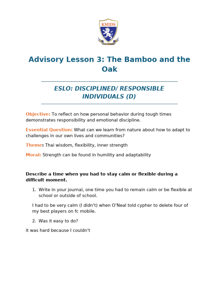 Advisory Lesson 3 - Flexibility and Inner Strength - Student Worksheet ...