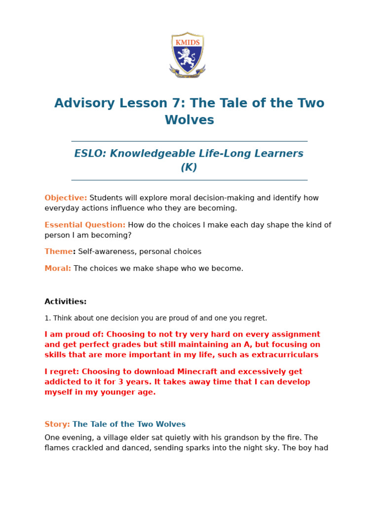 Advisory Lesson 7 - Self-Awareness & Personal Choices - Student ...