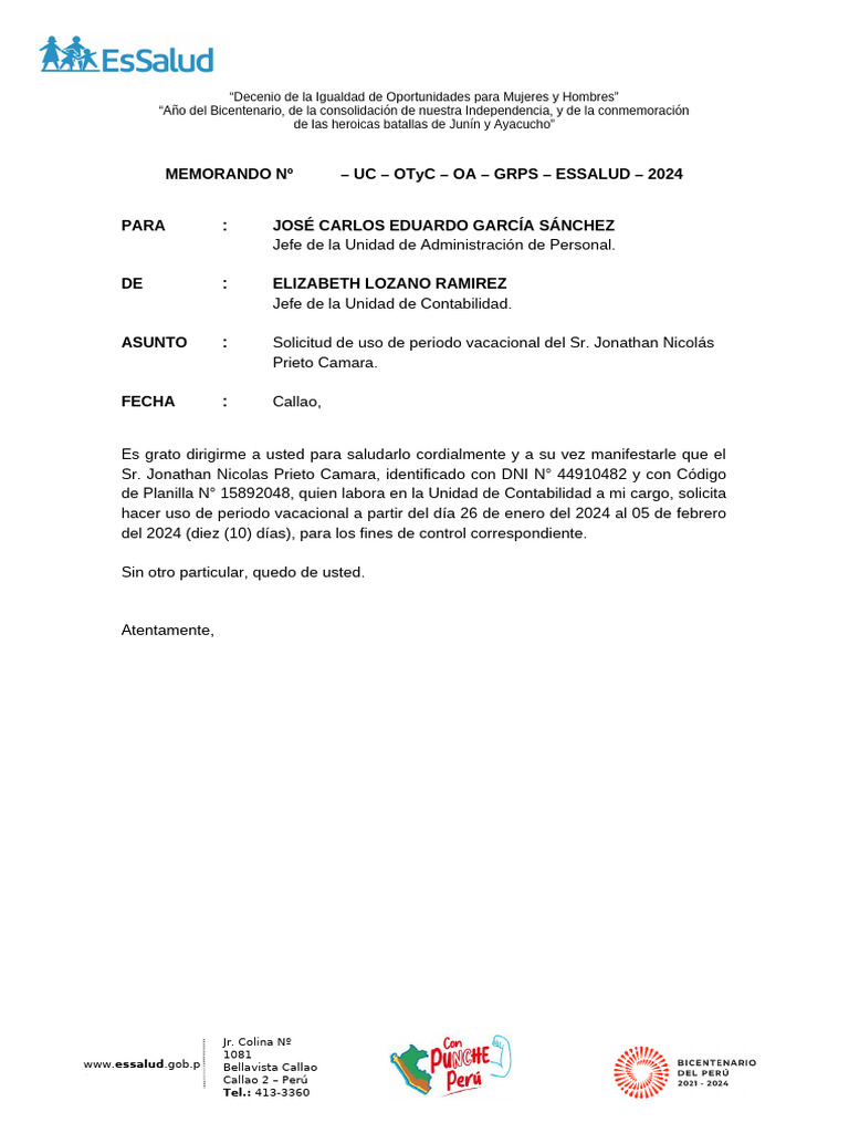 Solicitud de Vacaciones de Jonathan Prieto | PDF