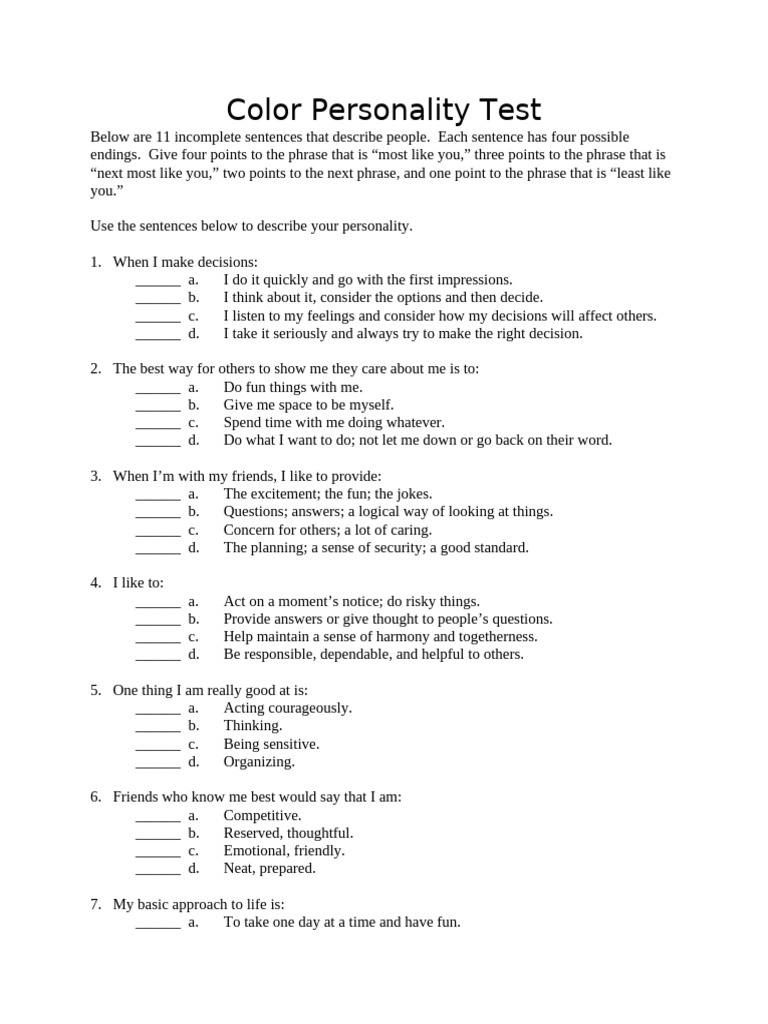 Color-Personality-Test Ass. | PDF | Psychology | Psychological Concepts
