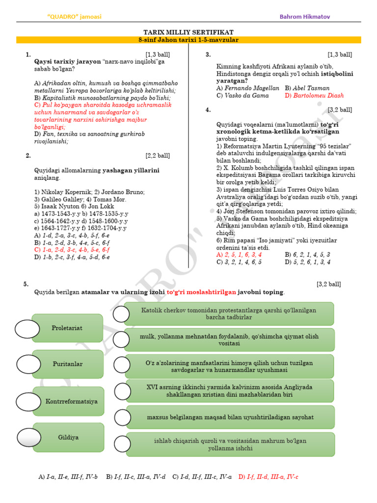 TMS 8-Sinf Jahon 1-5-& Javobi | PDF