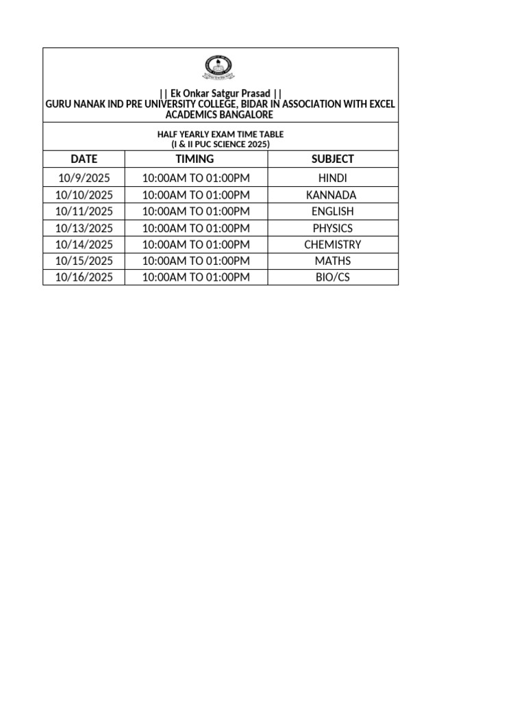 Half Yearly Exam TT (I & II Pu Science 2025) | PDF