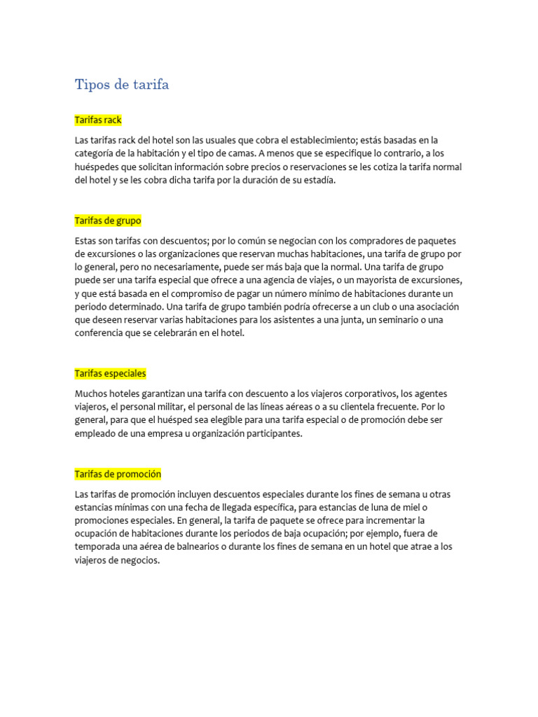 Tipos de Tarifas en Hoteles | PDF | Hotel | Agencia de viajes