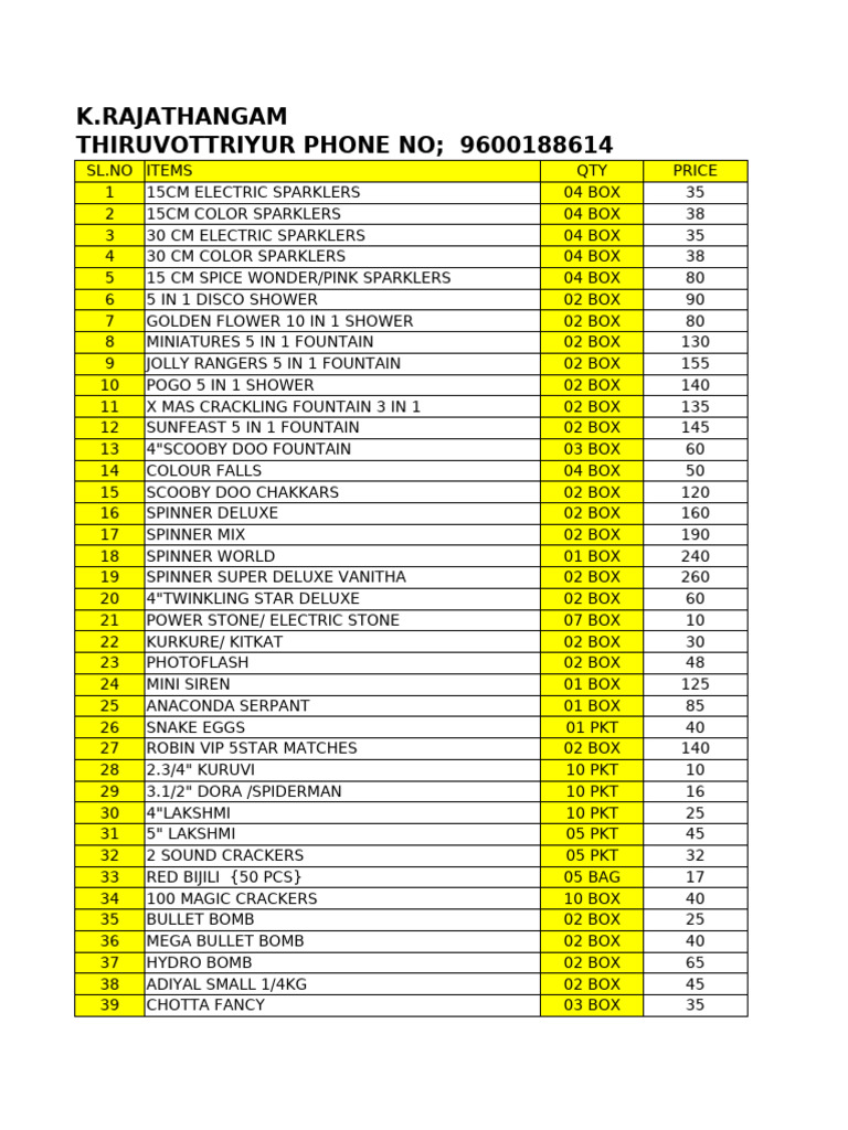 Subash Crackers Price List | PDF