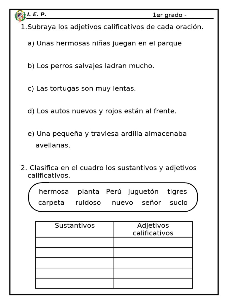 Practica Calificativa Adjetivos II Tri | PDF