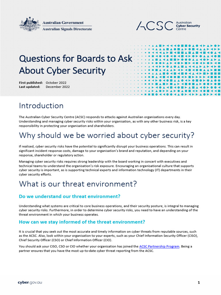 PROTECT - Questions For Boards To Ask About Cyber Security (December ...