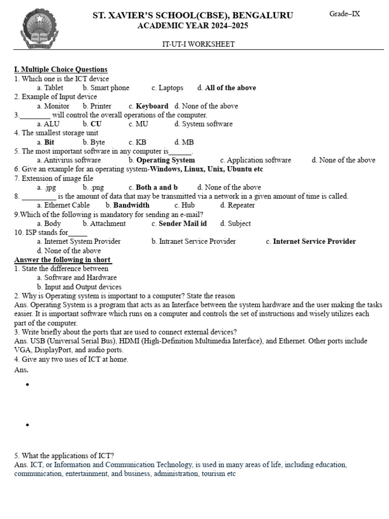Grade IX IT Worksheet for CBSE 2024-25 | PDF | Educational Technology ...