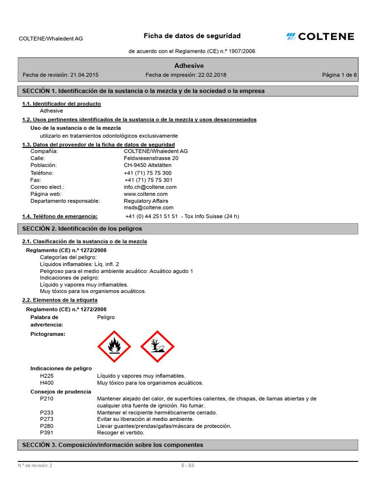 Ficha de Seguridad UN 1133 Adhesivo | PDF | Residuos | Gestión de residuos