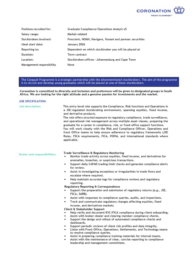 Graduate Compliance Analyst Role in JSE | PDF | Regulatory Compliance ...