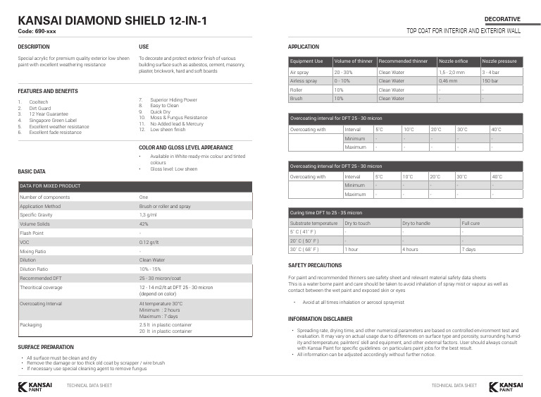 Tds - Kansai Diamond Shield 12 in 1 1710722373 | PDF | Paint | Materials