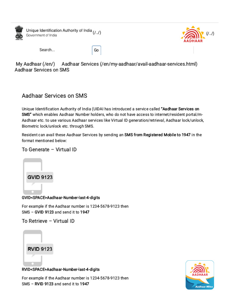 Aadhaar Services On SMS - Unique Identification Authority of India ...