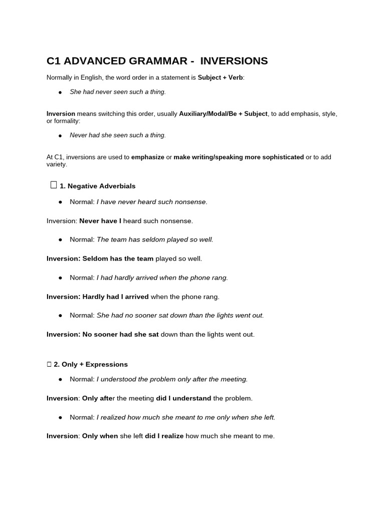 WK 6, D 1 c1 Advanced Grammar - Inversions | PDF