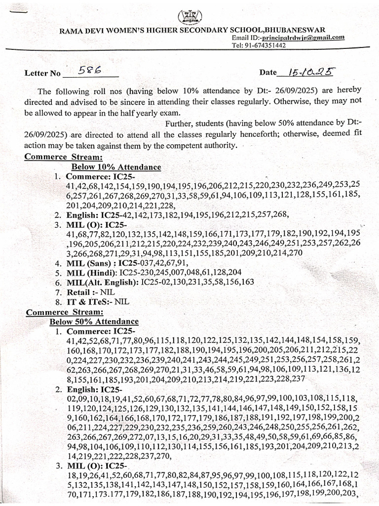 Class - XI (Below 10% and Below 50% Attendance) | PDF