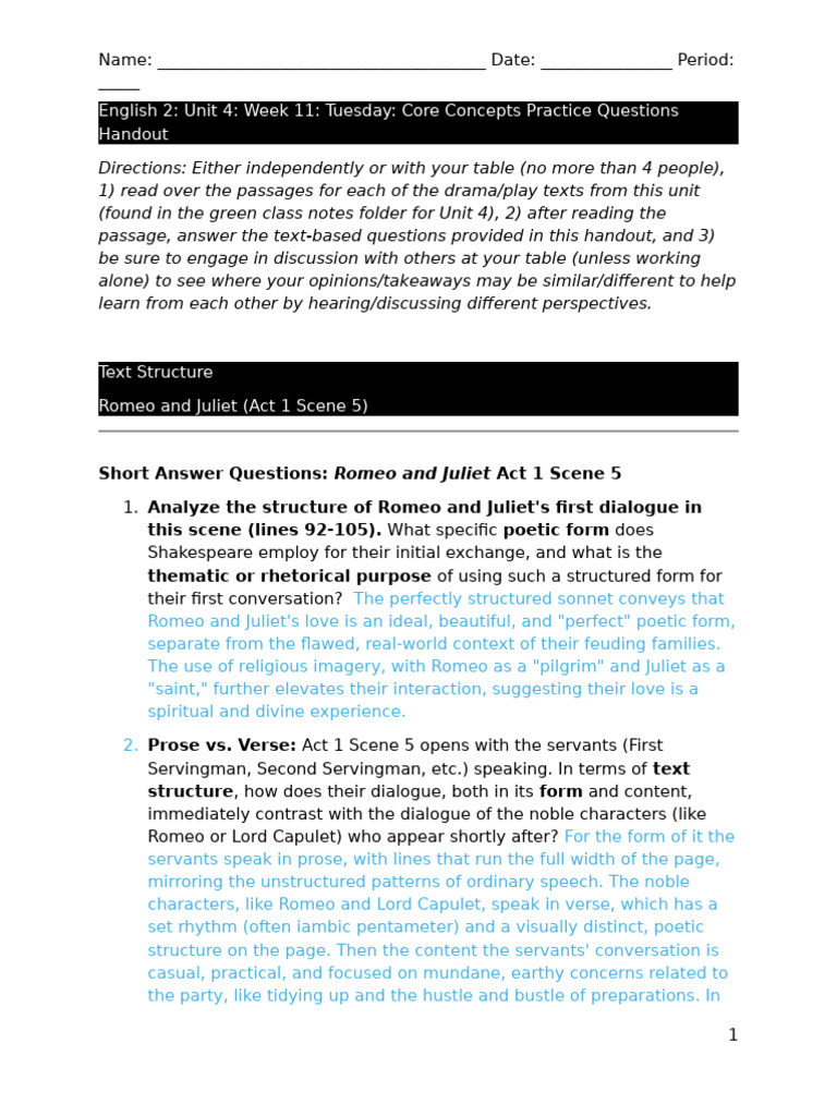 Core Concepts Practice: Romeo & Juliet | PDF | Oedipus | Characters In Romeo And Juliet