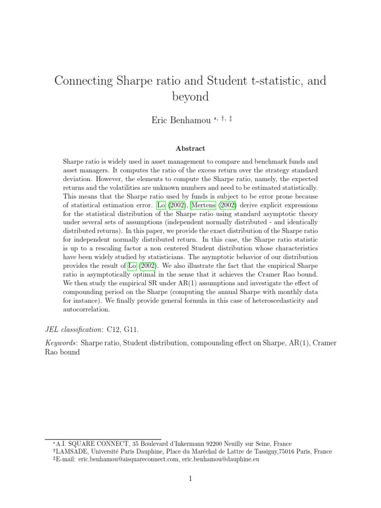 Sharpe Ratio and Student t-Distribution Insights | PDF | Normal ...