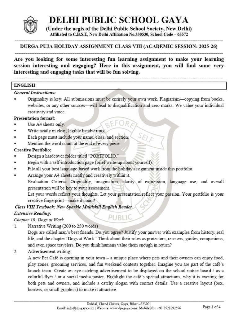 Class VIII Durga Puja Holiday Assignment Session 2025–26 | PDF