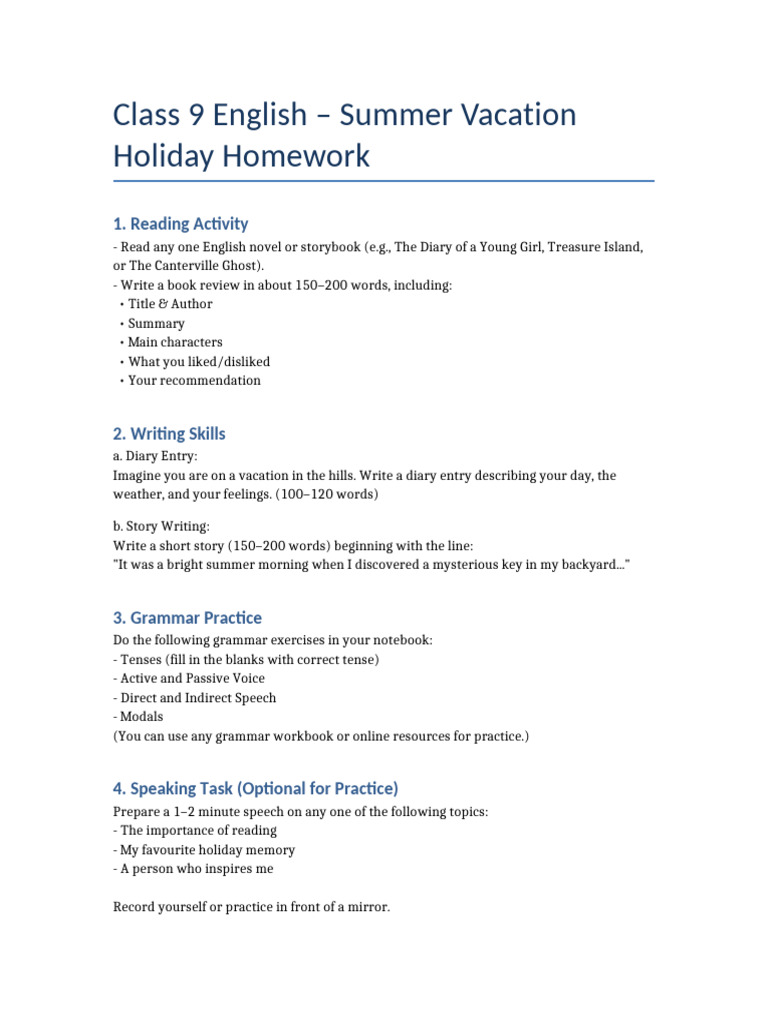 Class 9 English Summer Holiday Homework | PDF