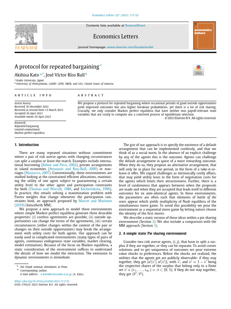 A Protocol For Repeated Bargaining 2023 Economics Letters | PDF ...