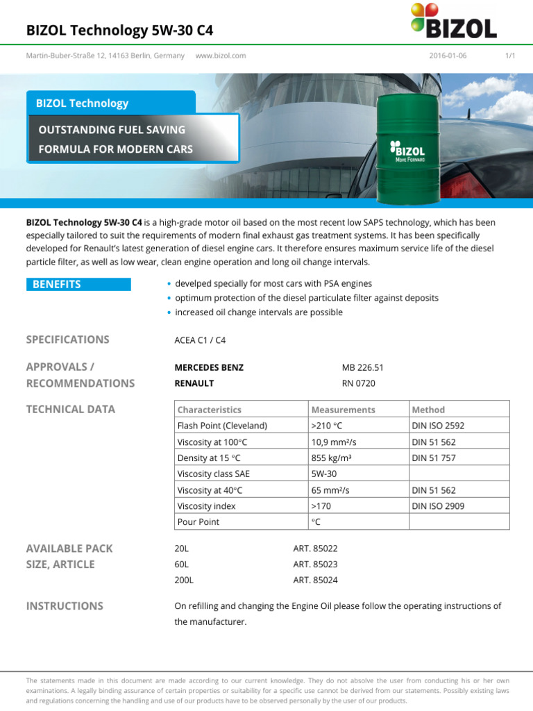 BIZOL Technology 5W-30 C4 (01.2016) | PDF | Motor Oil