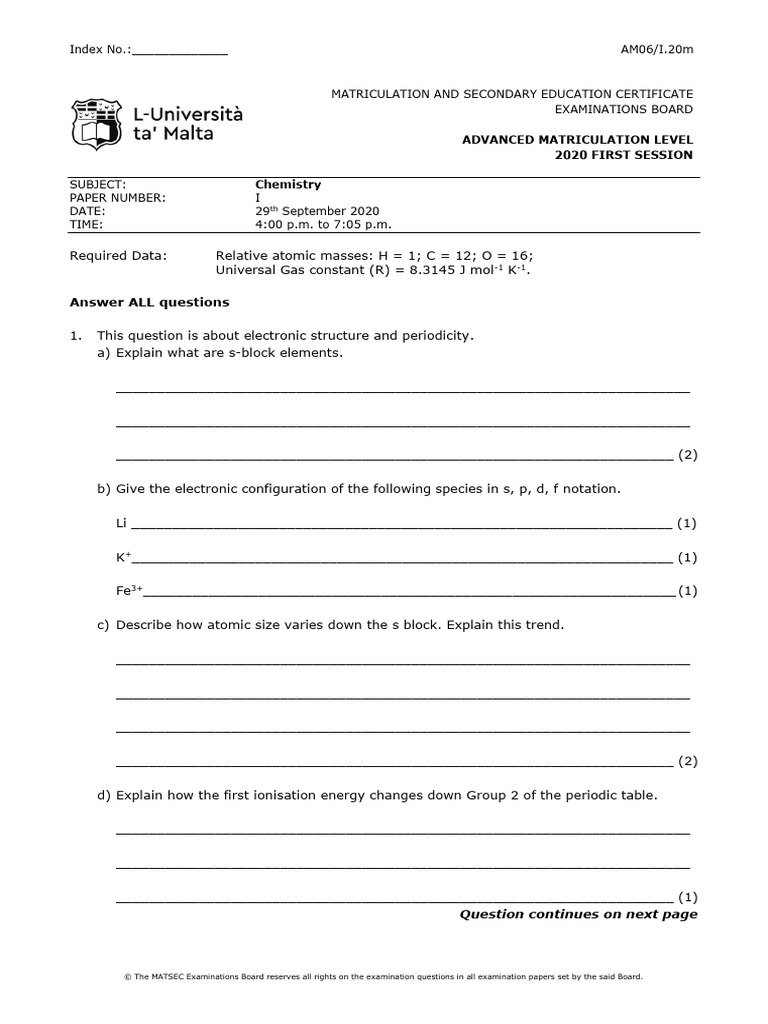 AM200620 Chemistry 20202020 May | PDF | Chemical Equilibrium | Acid