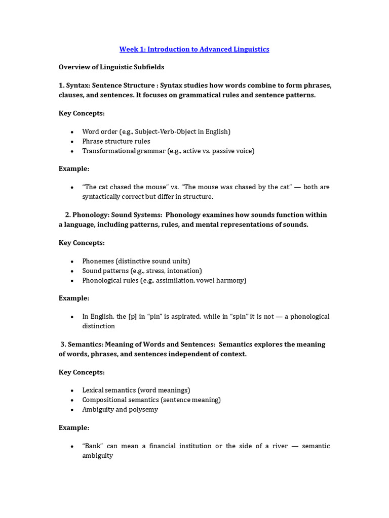 Week 1 Introduction To Advanced Linguistics | PDF | Semantics | Linguistics