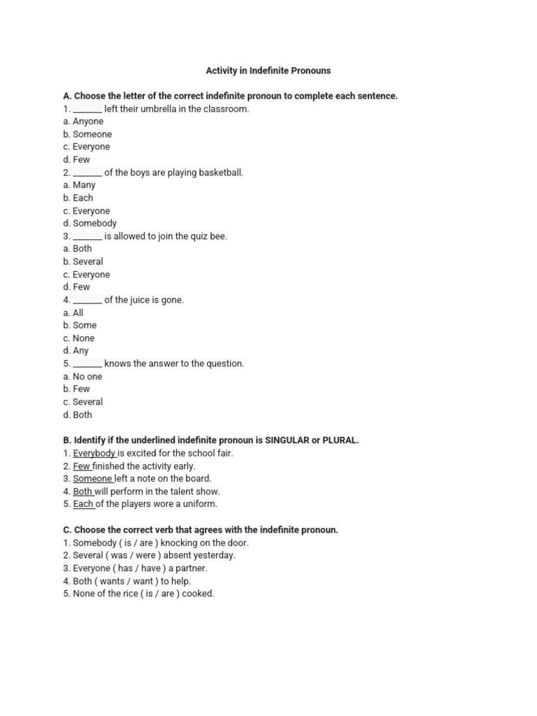 English (Activity - Indefinite Pronouns) | PDF