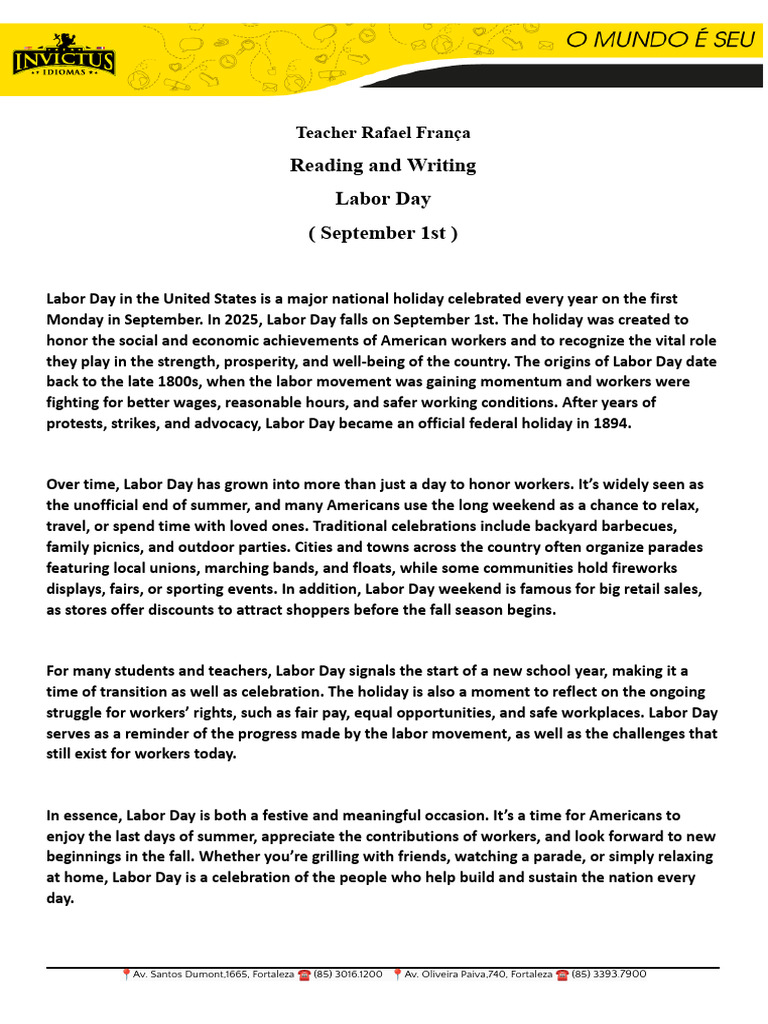 Reading and Writing Labor Day | PDF