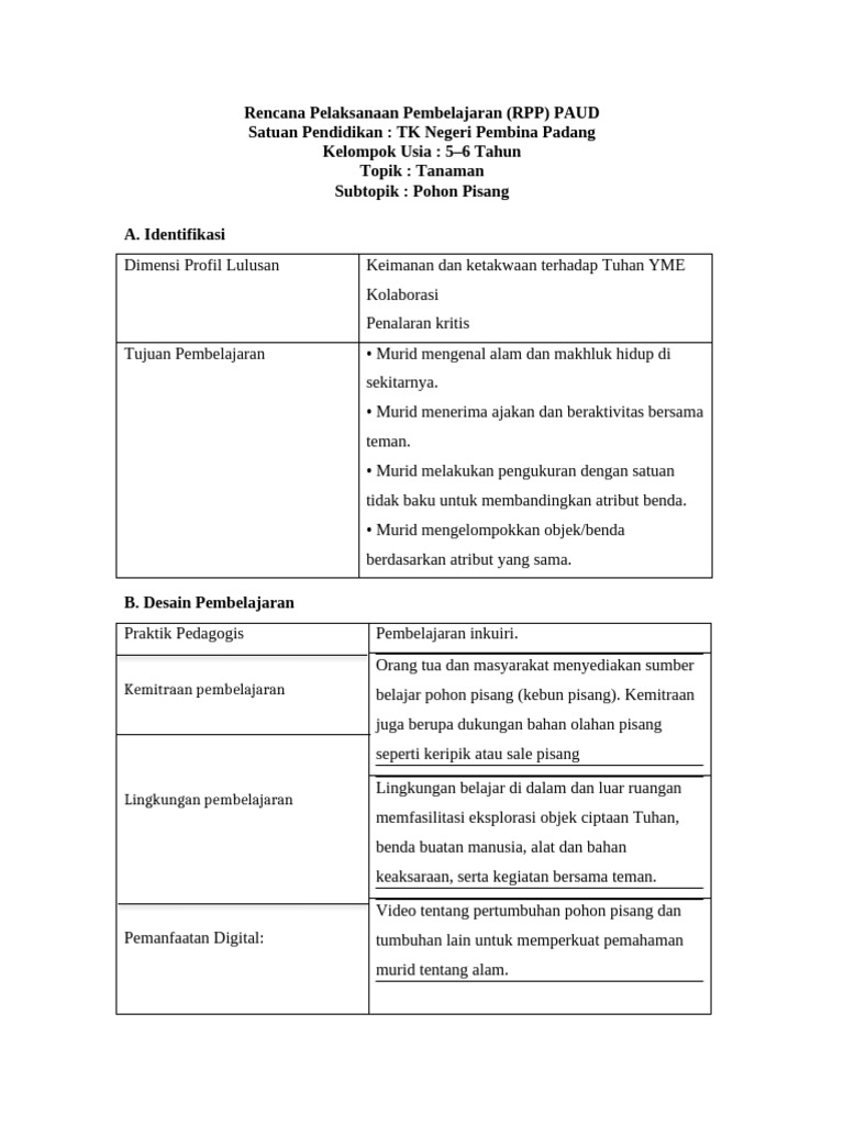 RPPH Tema Tanaman: Pohon Pisang TK | PDF