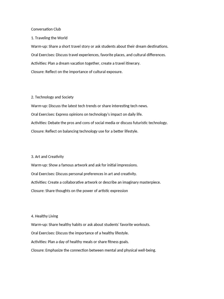 Engaging Conversation Club Activities | PDF | Well Being | Mindfulness