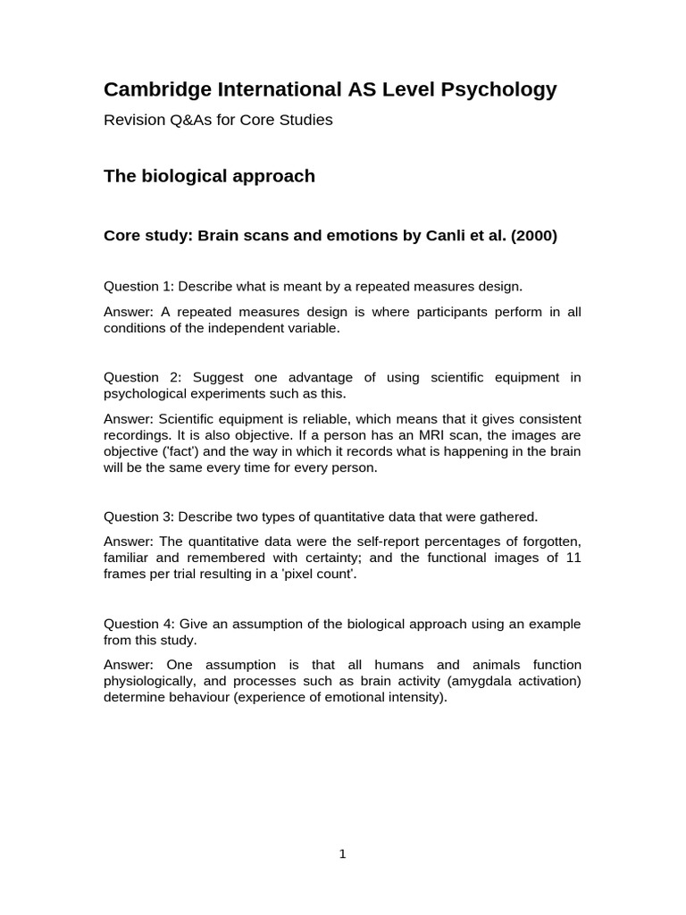 AS Level Psychology Core Studies Q&A | PDF | Psychological Concepts ...