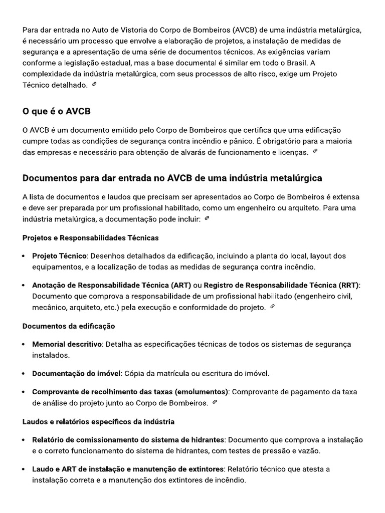 Para Dar Entrada Ao AVCB de Uma Indústria Metalúrgica-Passo A Passo | PDF