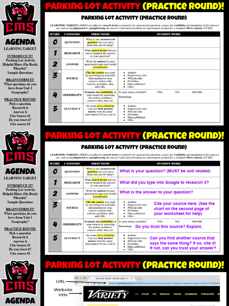 6th SS Parking Lot Activity (Practice Round!) | PDF