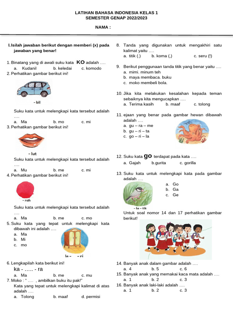 Latihan Soal b.indo Kelas 1 Uts | PDF