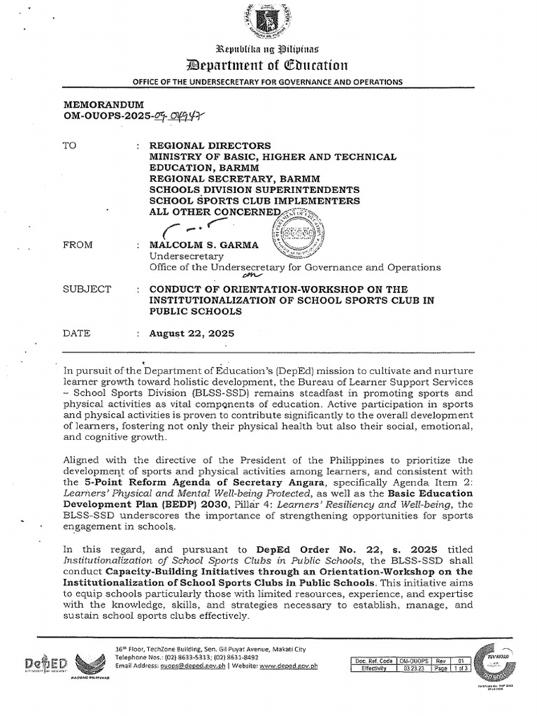 Regional Memorandum For The Conduct of The Orientation Workshop On The ...