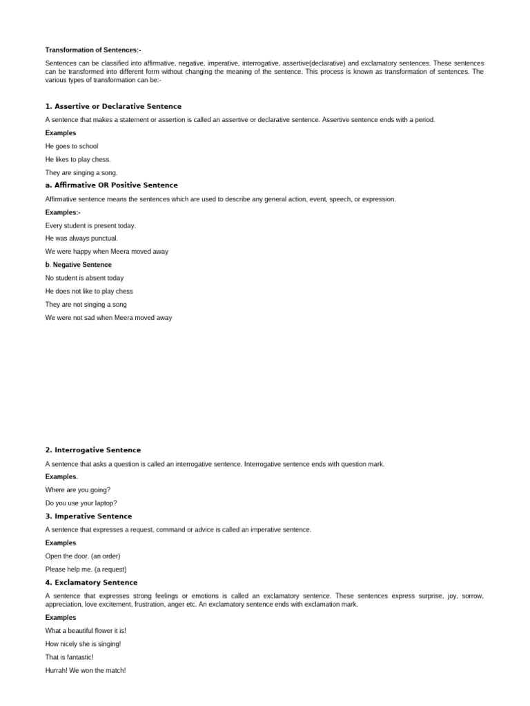 Types of Sentences - Transformation | PDF | Verb | Subject (Grammar)