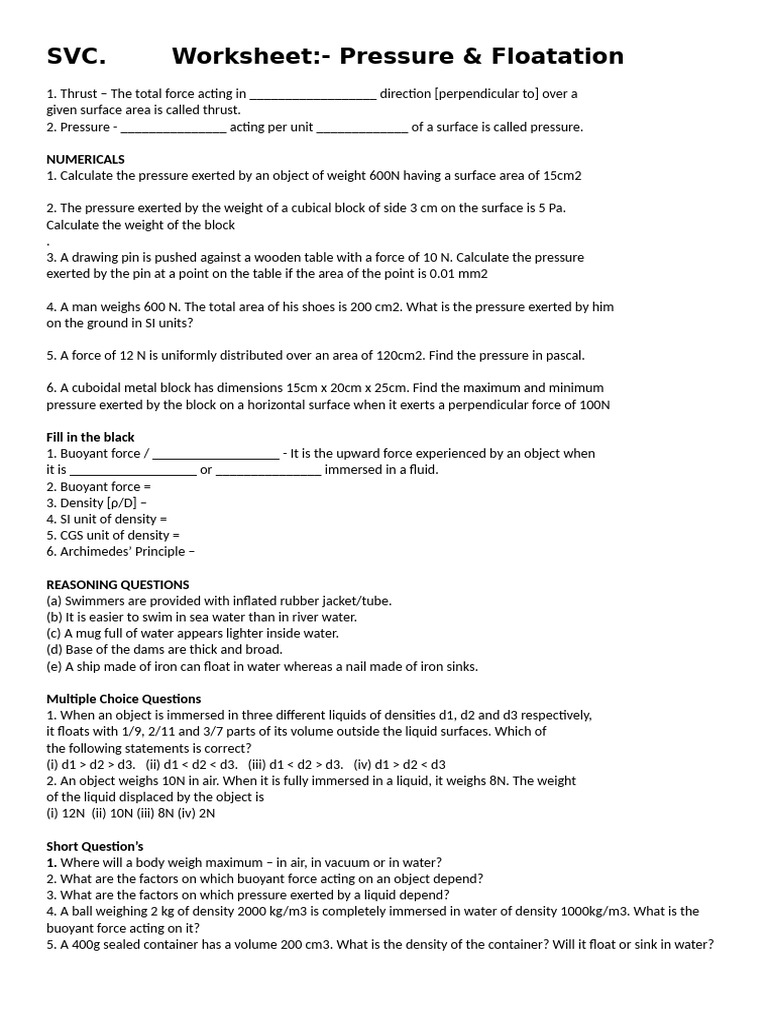 Floatation Worksheet 14 September | PDF | Buoyancy | Pressure