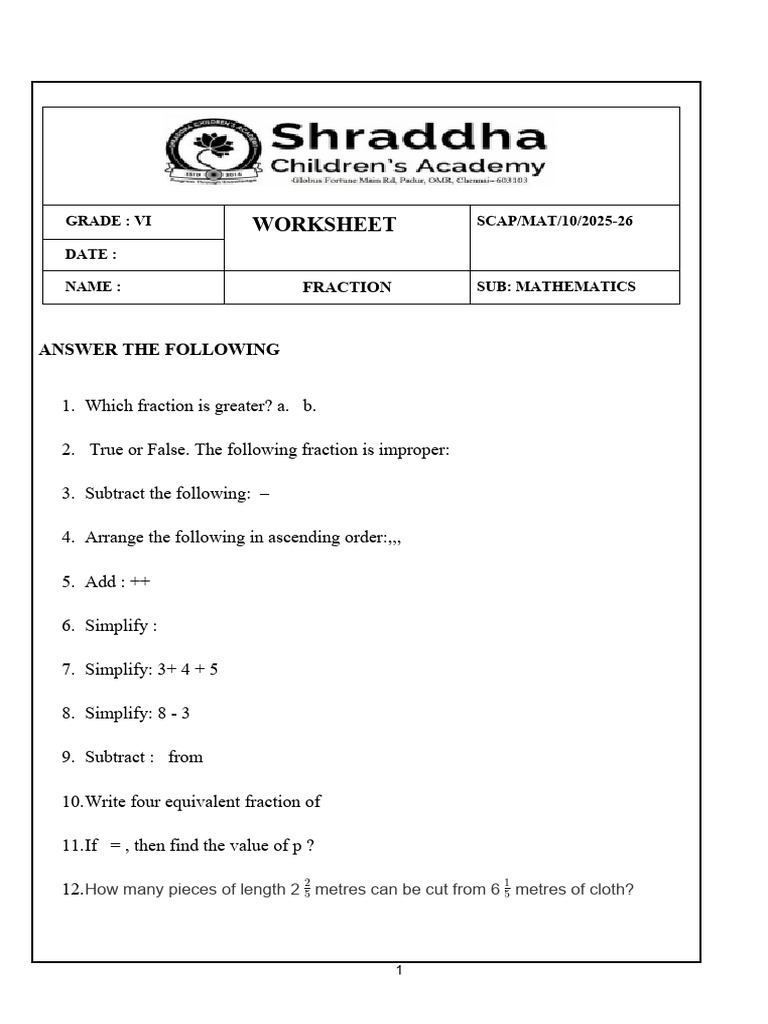 Fraction Grade 6 | PDF
