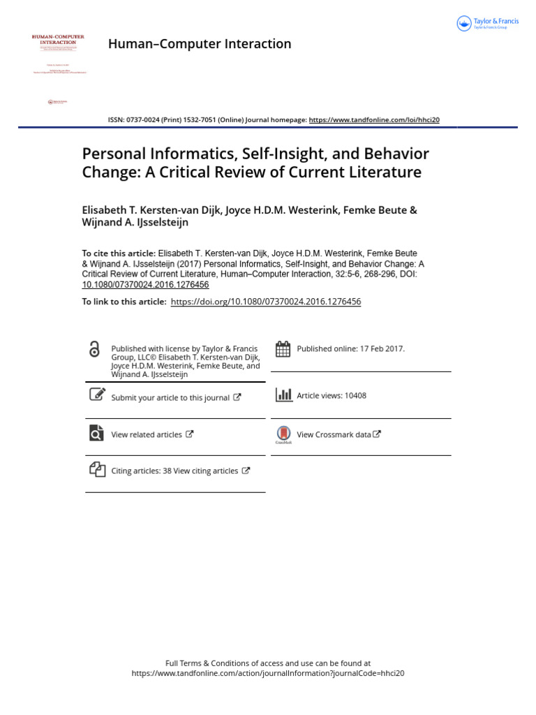 Personal Informatics Self Insight and Behavior Change A Critical Review ...
