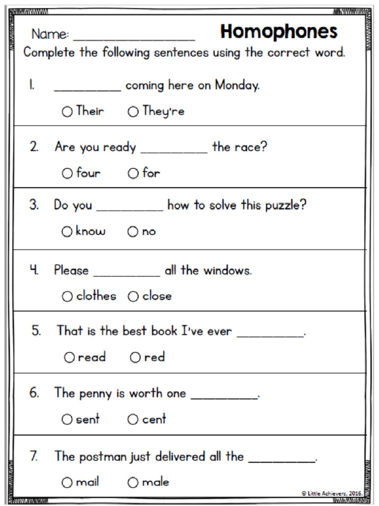 Eng Homophones Worksheet - Choose The Correct Homophone | PDF