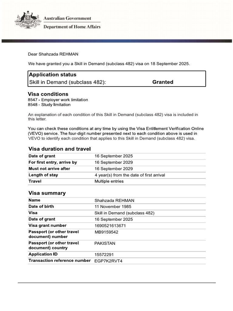 Subclass 482 Visa Approval Letter | PDF