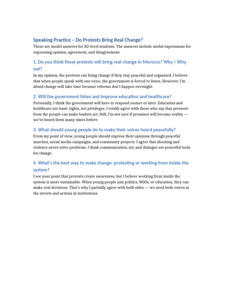 Speaking Practice Do Protests Bring Real Change | PDF