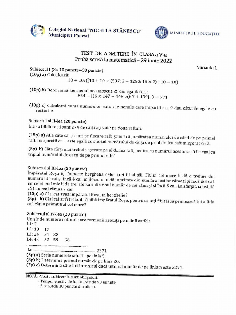 Subiecte Si Bareme Testare Matematica Cls. 5 | PDF