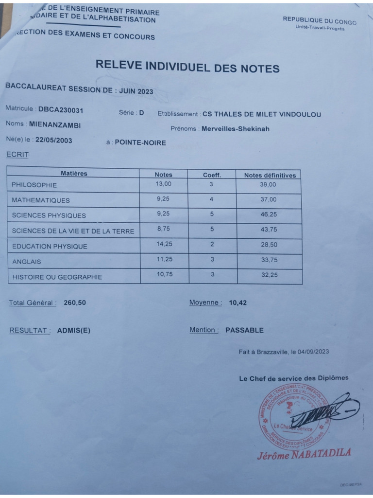 Relevé de Note BAC | PDF