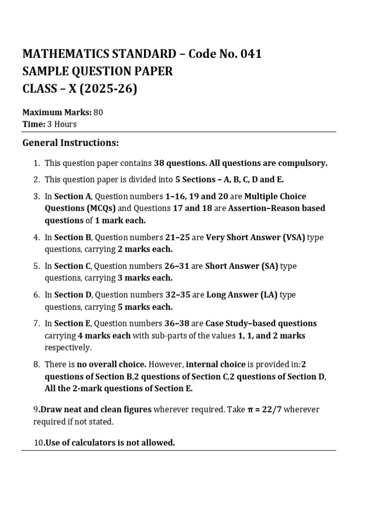 Mathematics Class 10 Sample Paper Standard. | PDF | Quadratic Equation ...